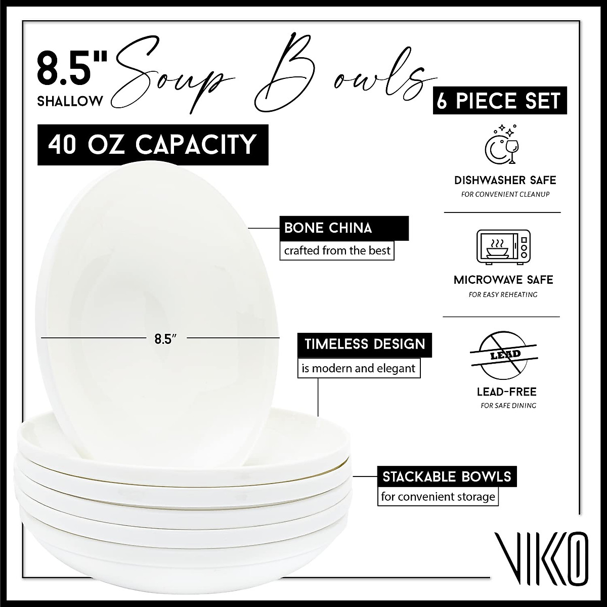 Vikko Pasta Bowls, 8.5 Inch Salad Bowls, White Soup Bowls, Fine Bone China Pasta Bowls, Set of 6, Microwave and Dishwasher Safe