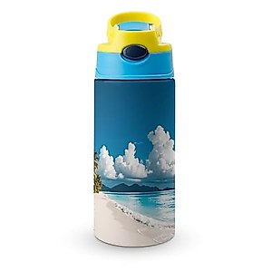 Stainless Steel Water Bottles White Beach Tropical Sea Travel Water Cups with Handle And Silicone Straw Drinking Cup with Leak Proof Lid Thermo Travel Mug for Women Men
