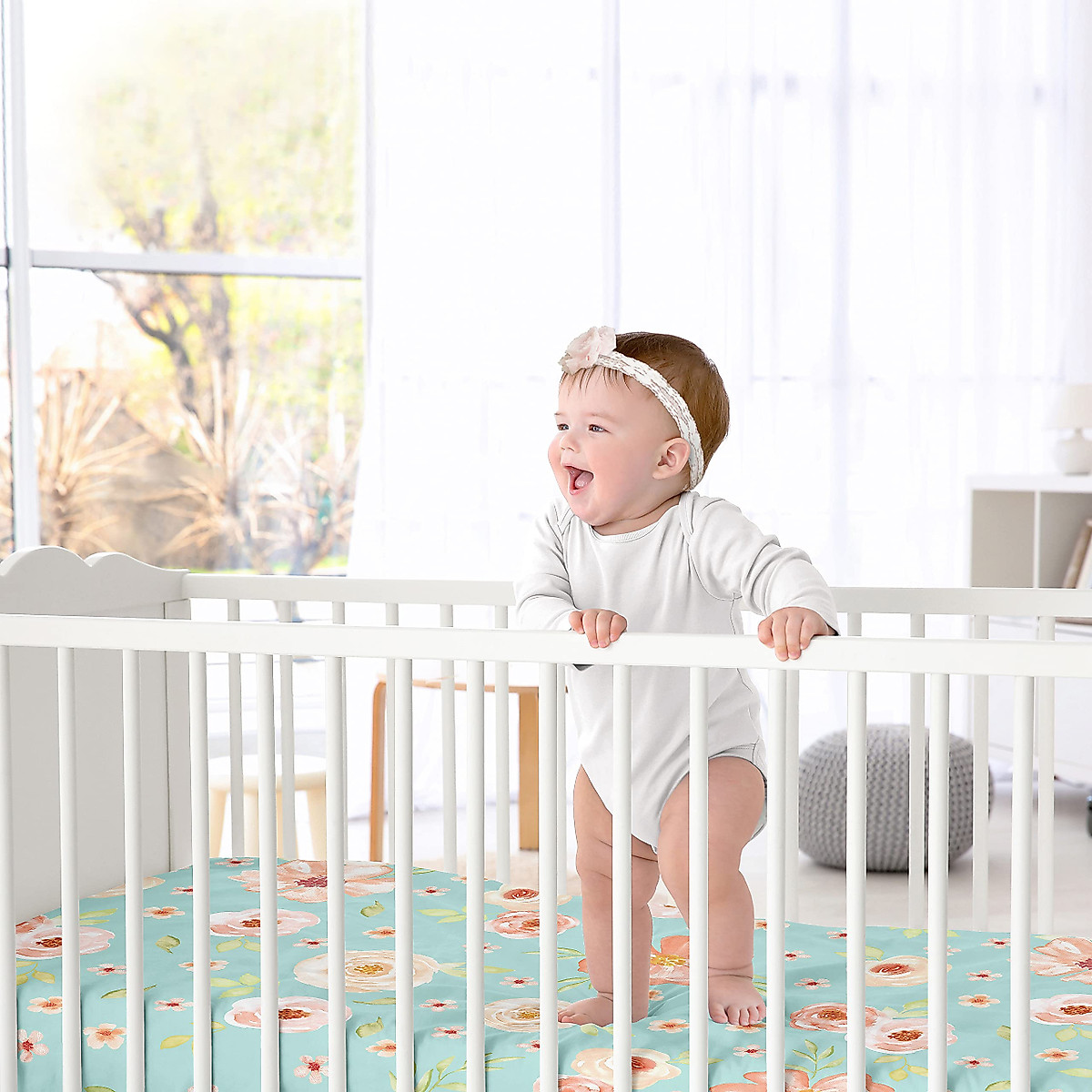 Sweet Jojo Designs Turquoise and Peach Baby or Toddler Fitted Crib Sheet for Watercolor Floral Collection - Pink Rose Flower