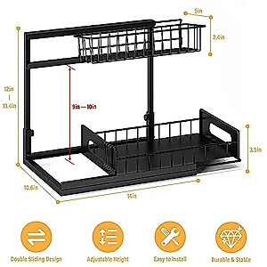 Pennik Under Sink Organizer 2 Tier, Double Layers pullable Under Kitchen Sink organizer, L Shaped Slide Out Under Cabinet Storage