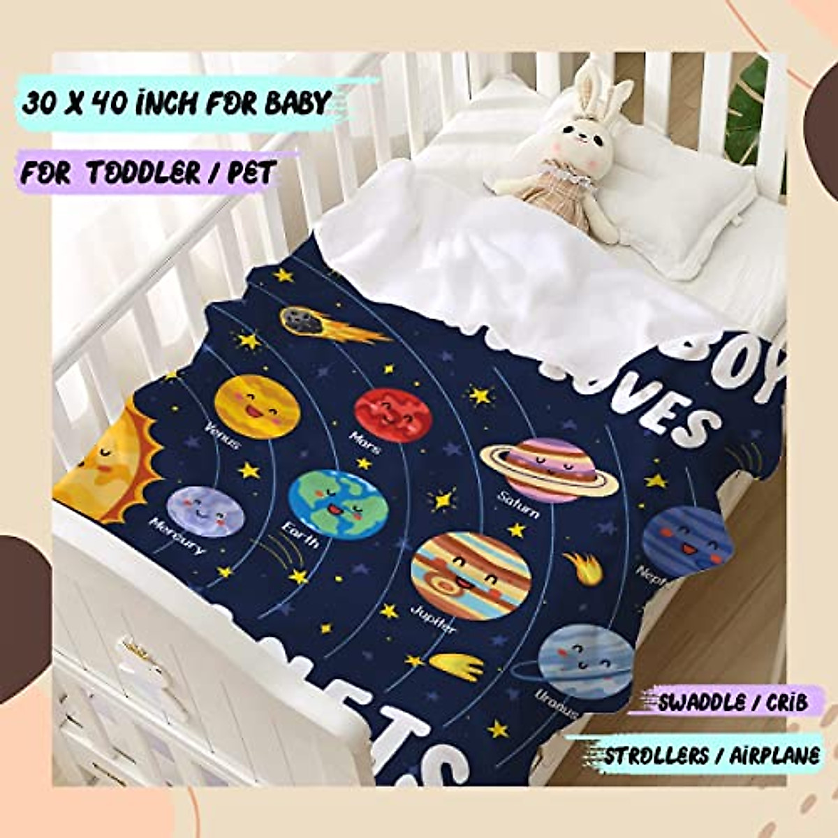 ARTBLANKET Just A Boy Who Loves Planets Solar System Space Throw Blanket Fannel Fleece Super Soft Funny Blanket Travel Throw Blanket for Bed Couch Sofa 40 x 30 Inch for Baby