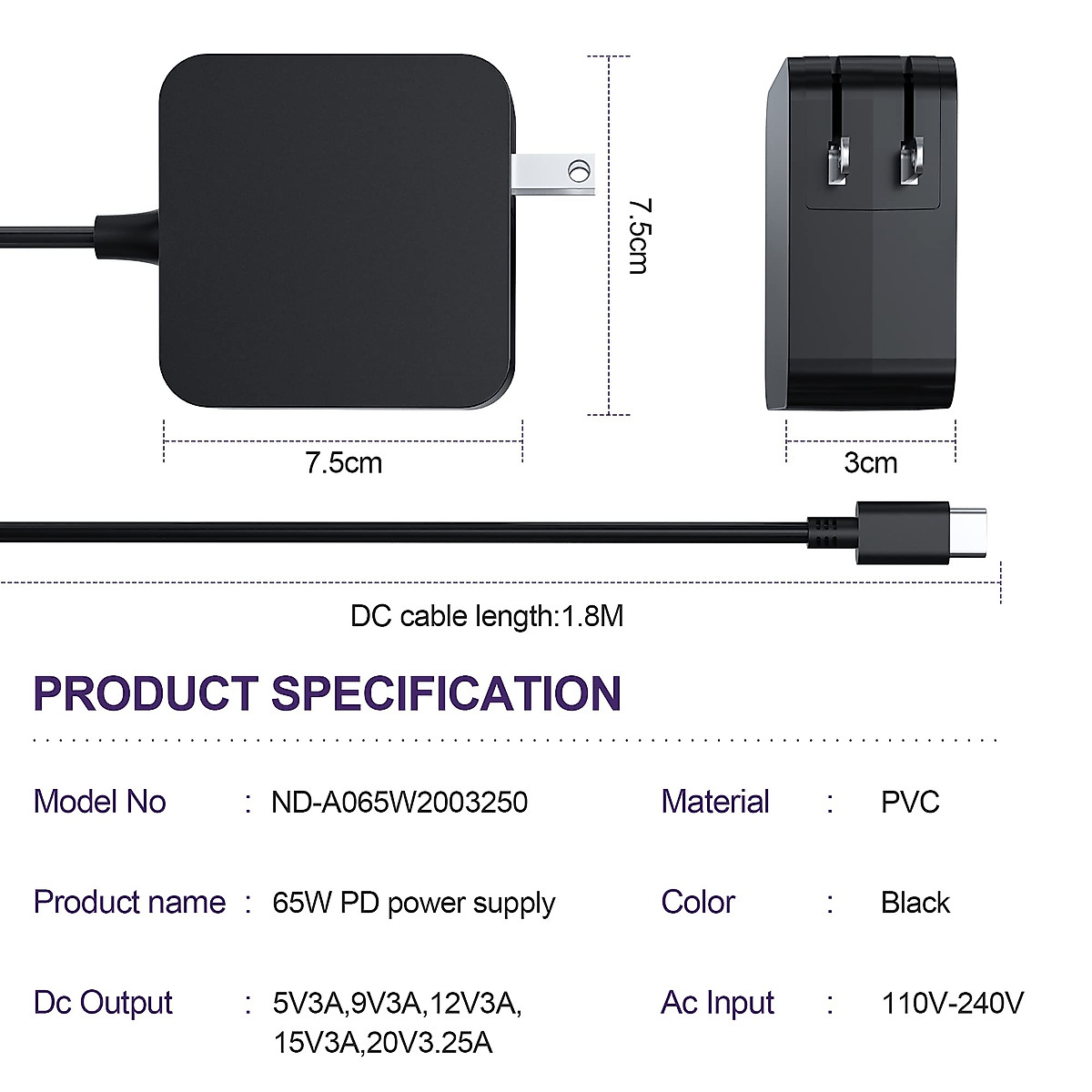 USB-C 65W 45W AC Adapter Laptop Charger for Asus Chromebook ZenBook Transformer ExpertBook, C302C C213 C214 C436 C523 ADP-45EW B, UX390UA UX490 UX325 UX393 UX371, B9450FA B9450CEA, T302, Foldable Plug