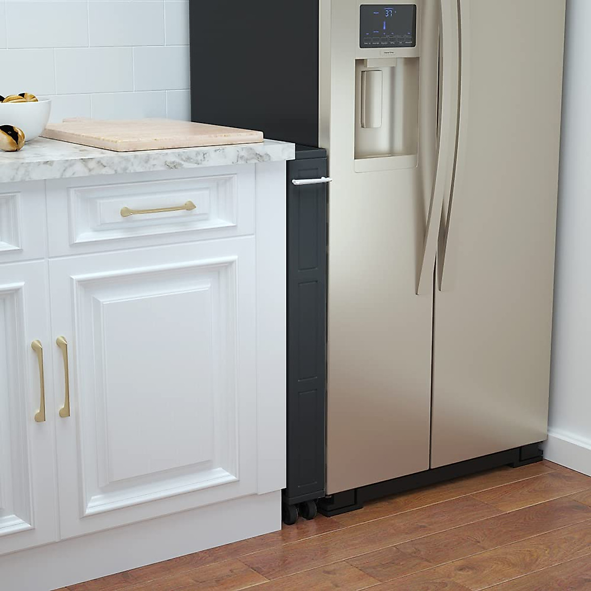 MUSEHOMEINC Compact Space Kitchen Pantry,3-Tier Kitchen Removable Storage Cart, Slim Slide Out Rolling Pantry Shelf for Narrow Spaces（Black）