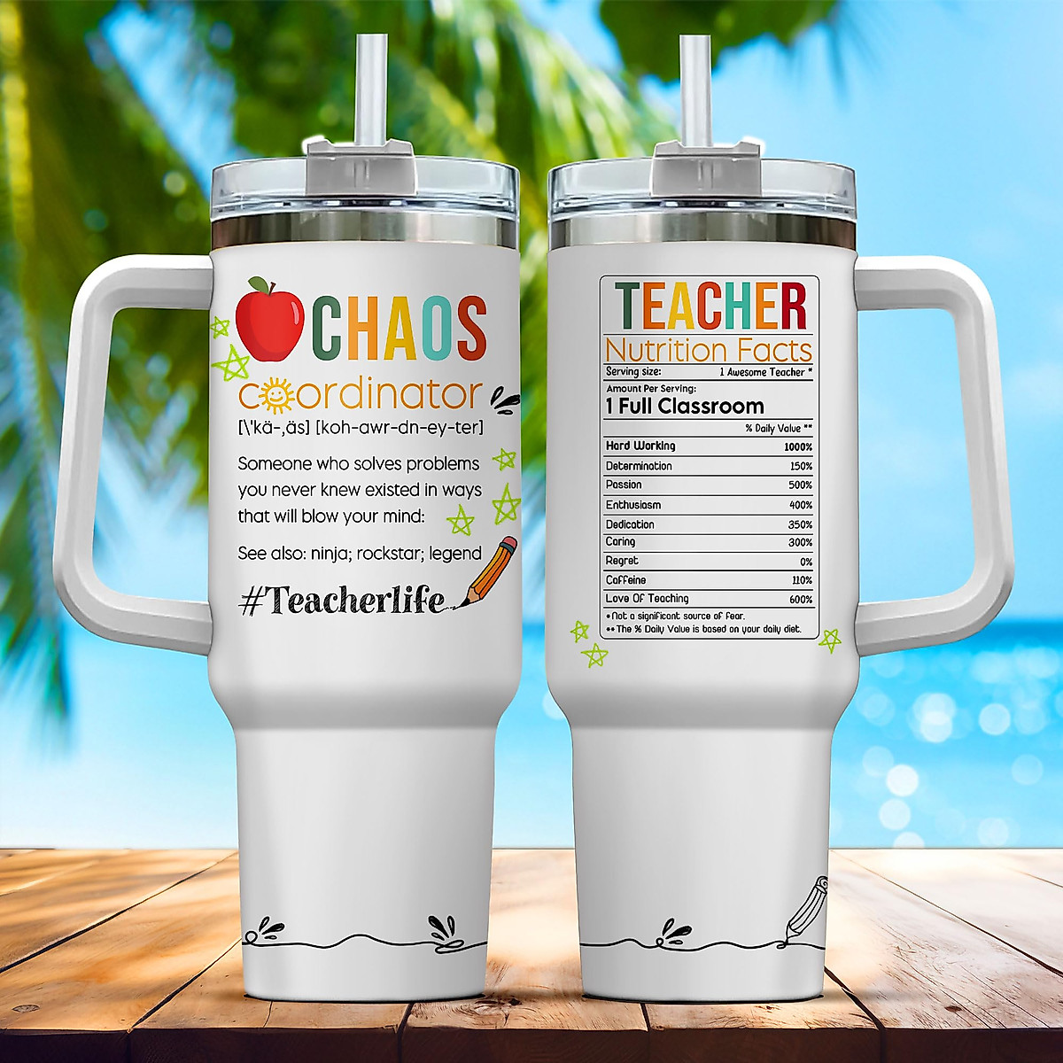 9SUNFLOWER Life Chaos Coordinator Teacher Nutrition Facts Insulated Cup, 40 Oz Tumbler With Handle, Lid and Straw