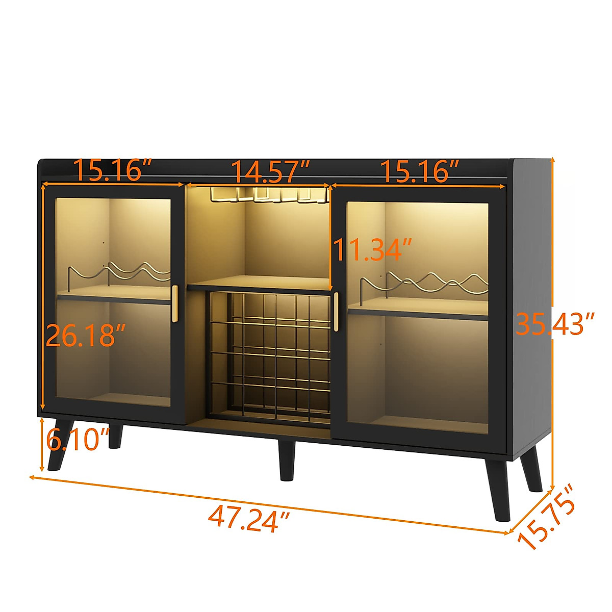 Gyfimoie Modern Wine Bar Cabinet with LED Light, Home Coffee Cabinet w Wine Rack and Glass Holder, Kitchen Sideboard Buffet Cabinet w Storage Shelf, Freestanding Liquor Cabinet w Glass Door (Black)