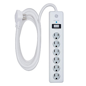 GE Pro 6 Outlet Surge Protector Adapter Spaced Tap, 3-Prong Power Strip, White & 6 Outlet Surge Protector, 10 Ft Extension Cord, Power Strip, 800 Joules, Flat Plug, White, 14092