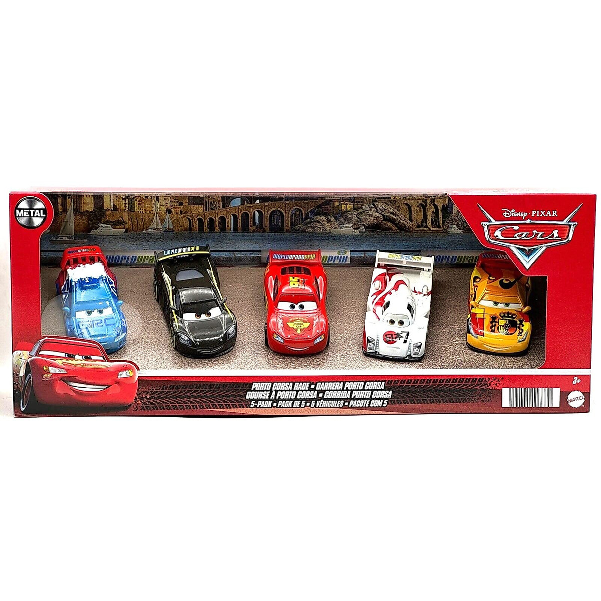 Disney Cars Toys Diecast Porto Corsa Race 5-Pack with Lightning McQueen, Raoul CaRoule, Lewis Hamilton, Shu Todoroki and Miguel Camino