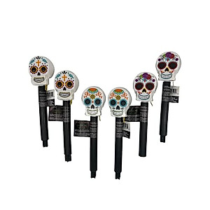KS Halloween Solar Powered Stake Light Day of The Dead Sugar Skull Decorative Spooky LED Garden Lights Outdoor Waterproof for Patio Lawn Yard Pathway Fall Autumn Party Decor Set of 6 w/KS Bonus