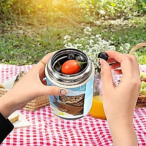 CUPADA Funny Cat Kitten Food Jar, Yellow Rubber Duck Insulated Hot Food Jars Vacuum 17OZ with Folding Spoon for Work Trip Picnic Camping