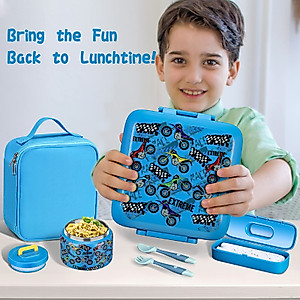 JXXM Bento Lunch Box for Kids With 8oz Soup thermo,Leak-proof Lunch Containers with 5 Compartment,thermo Food Jar and Lunch Bag, Food Containers for School (A-Blue(Extreme Locomotive))