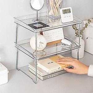 Estink Stackable Clear Organizer, Plastic Transparent Stackable Countertop Shelves Tabletop Storage Rack for Makeup Kitchen Utensils Cosmetics Stationery Bathroom Supplies Organization
