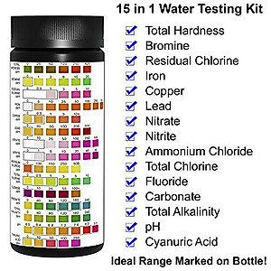 Drinking Water Test Kit - 15-in-1 Chlorine Drinking Water Test Strips with eBook - Lead Testing Kits for Drinking Water - Test Iron, Bromine, pH, Hardness, and More - 100 Tests - JNW Direct
