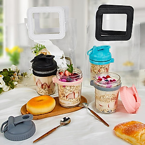 Cobeda Overnight Oats Containers with Lids and Spoons and Clear Tote Bag, 4 Pack Glass Mason Jars for Overnight Oats Jars, 16 oz Wide Mouth Mason Jars for Overnight Oats and Milk, Cereal, Fruit