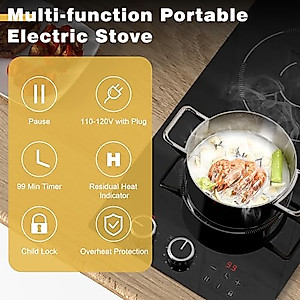 2 Bruner Electric Cooktop, Plug in Electric Cooktop 110v, 12 Inch Kitchen Electrics Stove Countertop & Built-In, Knob and Touch Control, 9 Power Levels, 2000w, Safety Lock, Pause, Timer, Karienvir