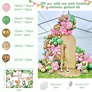 Pink Wild One Balloon Arch with Backdrop 59x40 Inch for Wild One Birthday Decoration, Safari Jungle Balloons Garland Arch Kit Giraffe Pink Sage Green Balloons of First 1st Birthday Decorations Girl