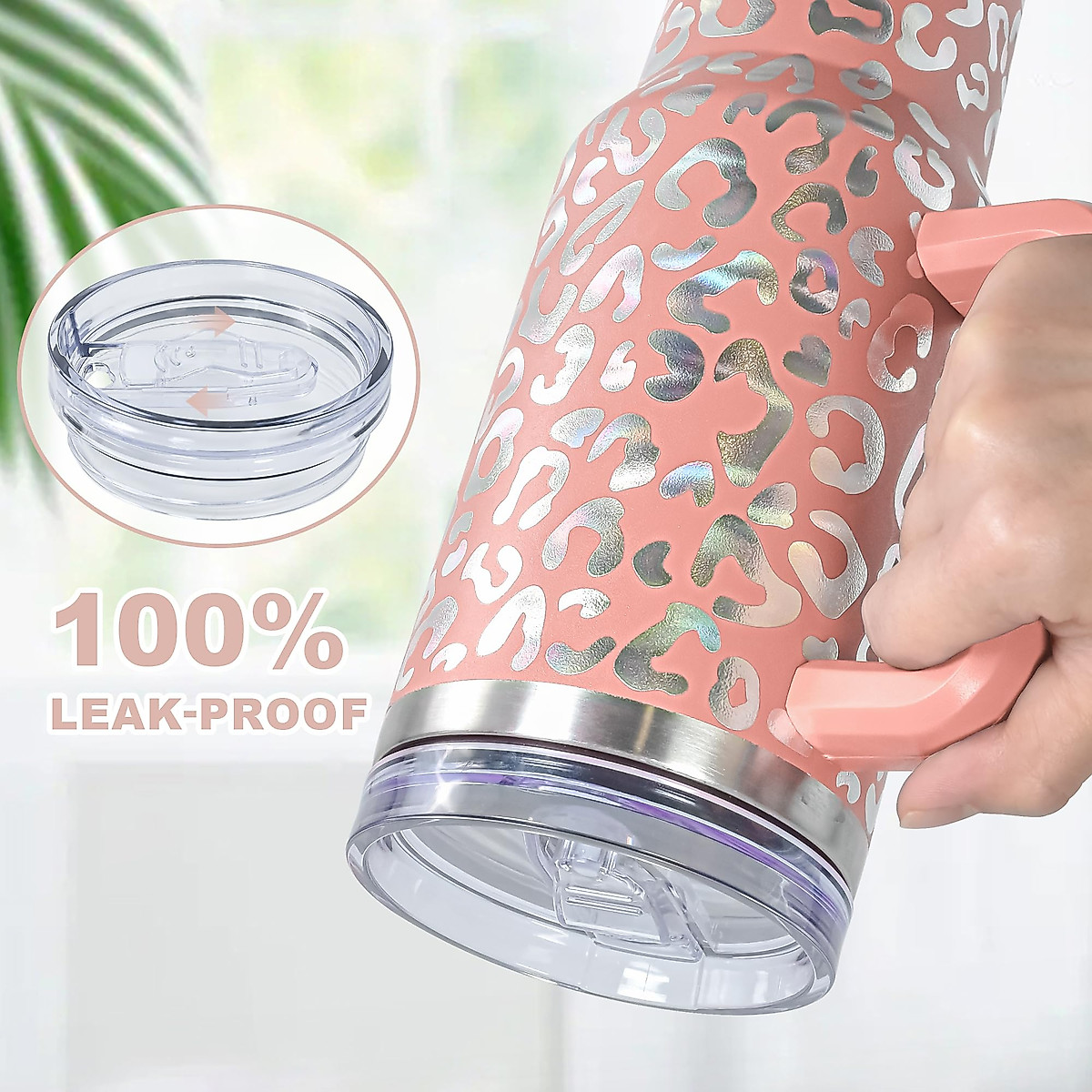 FECBK 40 oz Tumbler with Handle and Straw, 100% Leak-Proof Travel Mug, Stainless Steel Double Wall Vacuum Insulated Coffee Cup Keeps Cold For 34 Hours, Dishwasher Safe, Canyon Clay Leopard