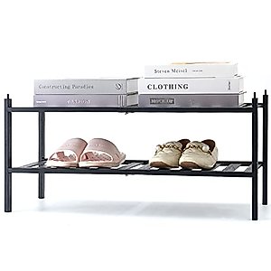 Lettimi Shoe Rack - 2 Tier, Premium Bamboo Shoe Organizer and Stackable Shoe Shelf Storage Organizer for Entryway, Shoe Cubby, Bathroom, Hallway, Closet or Living Room (2 Tiers, Black)