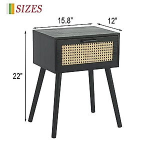 AWASEN Mid Century Modern Nightstand, Rattan Side Table with Drawer, Black Bedside Table with Storage and Solid Wood Legs for Living Room, Bedroom and Small Space (Black)