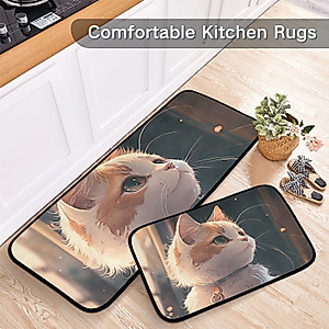 NFMILI (Anime Beautiful Cat) Kitchen Mat 2 PCS Cushioned Anti-Fatigue Kitchen Rug, Waterproof Non-Slip Floor Mats Thick Ergonomic Comfort Standing Mat for Kitchen Sink Laundry room bedroom living room