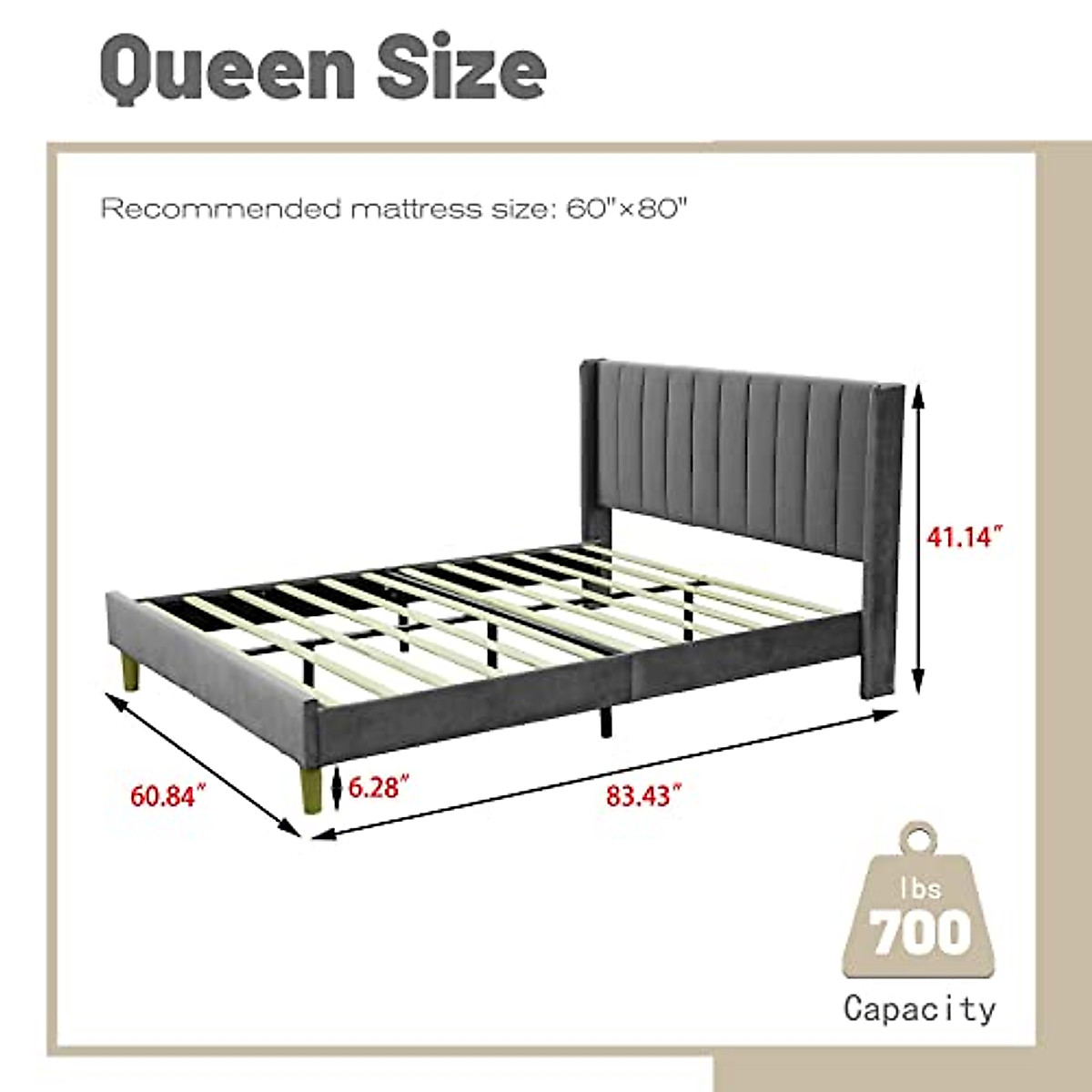 AGARTT Upholstered Platform Bed Frame Queen Size with Headboard and Footboard/Wooden Slats Support/No Box Spring Needed/Easy Assembly,Grey Velvet