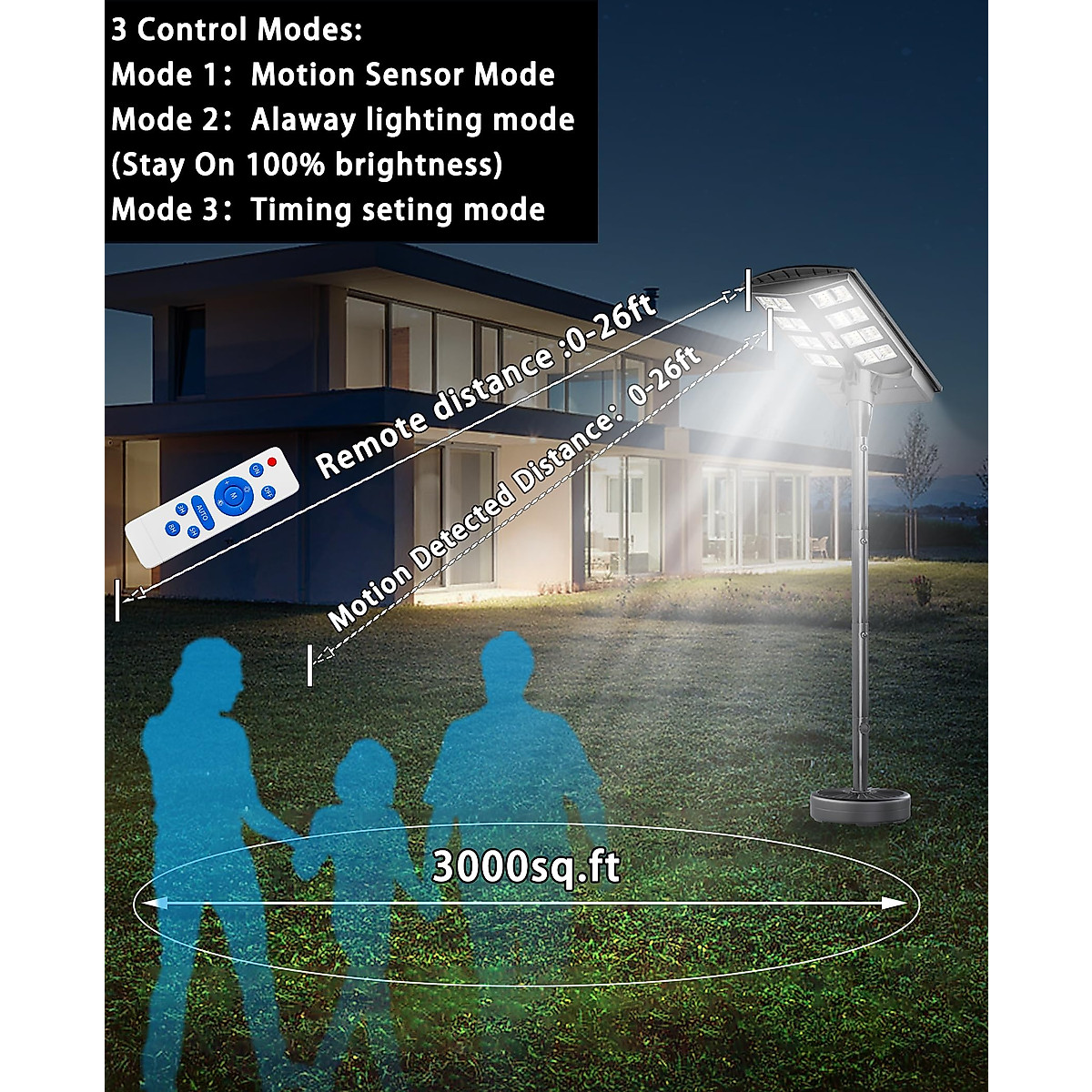 JAYNLT 6000W Solar Street Lights Outdoor with 78" Tall Pole, 3000K/4000K/6500K 400000LM Solar Floor Lamps Dusk to Dawn, IP68 Waterproof Solar Pole Lights with Motion Sensor for Yard, Patio, Camping