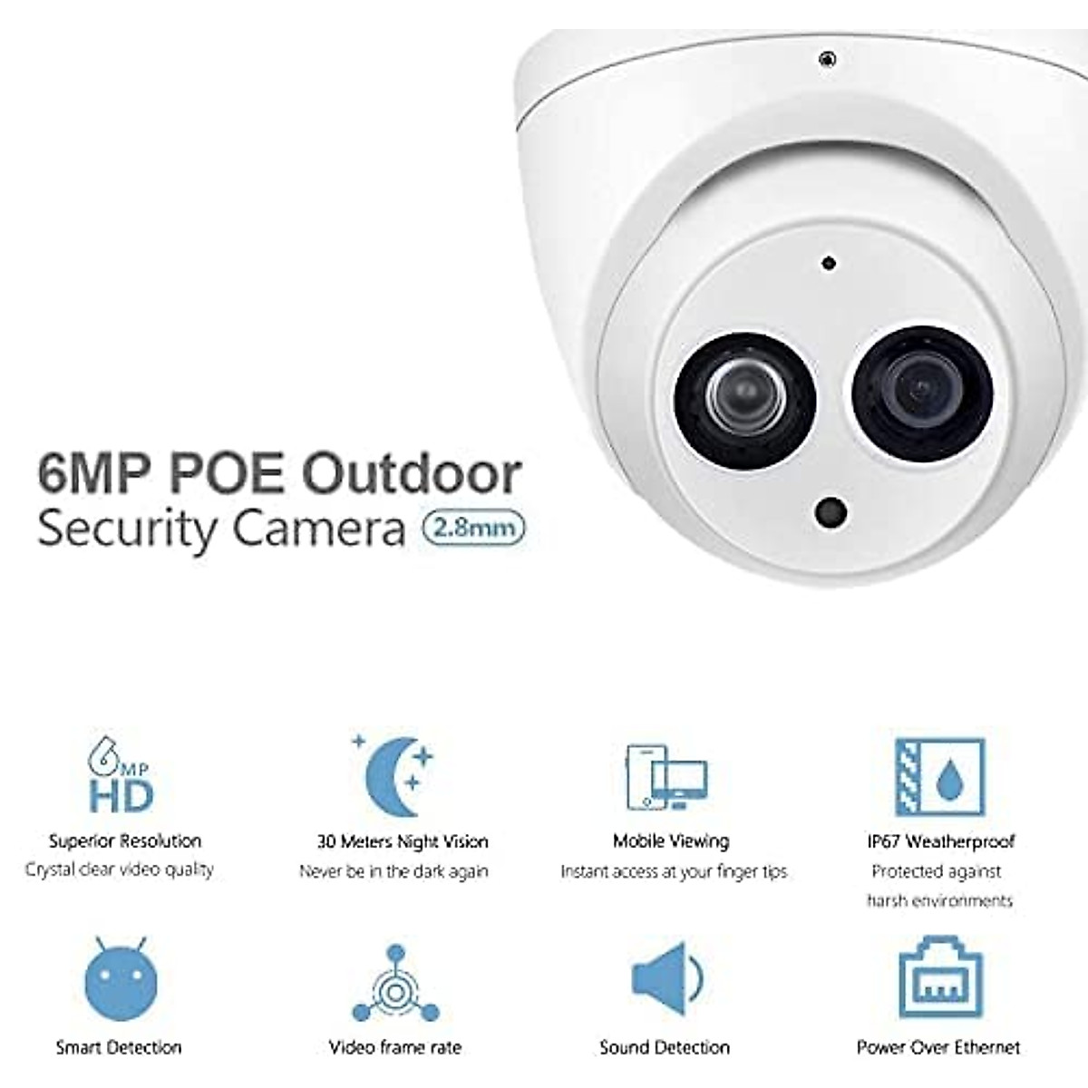 6MP Security PoE IP Camera, Outdoor UltraHD Dome Camera with Built-in Mic, 165ft IR Night Vision, Smart H-2-6-5, IP67 Weatherproof, WDR, 3D DNR(2.8mm)