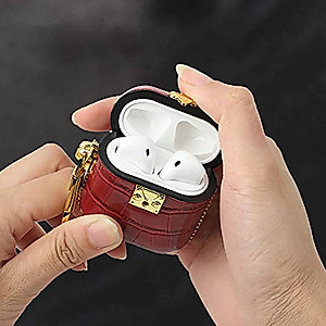 Case Cover for AirPods, YMSMY Genuine Leather AirPods 2 Case AirPods 1 Case with Stainless Steel Gold Buckle, High-end Crocodile Pattern AirPods 1&2 Case (Red)