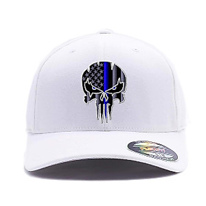 Thin RED LINE - Thin Blue LINE Spartan Helmet Cap. Embroidered. 6477, 6277 Wooly Combed Twill Flexfit (L/XL, White 2)