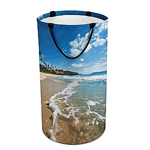 Laundry Basket Hamper Waterproof Dirty Clothes Hamper Clear Sky Wave Beach Collapsible Washing Bin Clothes Bag with Handles Freestanding Laundry Hamper for Bathroom Bedroom Dorm Travel