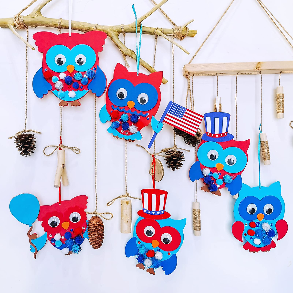 Winlyn 24 Sets 4th of July Patriotic Owl Ornaments Decorations DIY Patriotic Craft Kits Owl Red White Blue USA Flag Pinwheel Stickers Googly Eyes for Kids Favors Classroom Home Activity Art Project