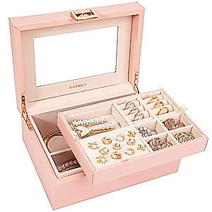 LANDICI Jewelry Organizer Box for Women Teen Girls,Large Jewelry Storage Case with Mirror,2 Layer Removable Stackable Tray,Leather Jewellery Display Holder for Ring Necklace Earring Bracelets,Pink