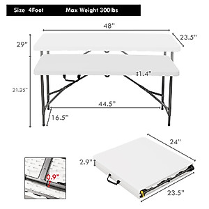 Plainsity 4ft Plastic Folding Table - Portable, Foldable, Heavy Duty Dining Table for Parties, Weddings, BBQs, Camping, Backyard Events - Indoor/Outdoor Utility Table with Carrying Handle White