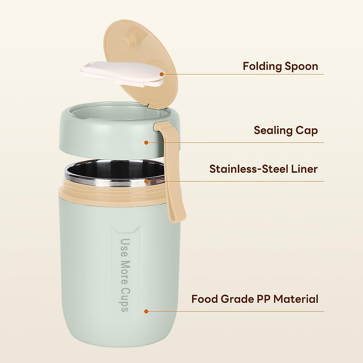 ALXBSONE 20 Oz Insulated Food Jar Stainless Steel Container Thermos with Folding Spoon for Hot or Cold Food, Soups, Oatmeal Milk Bento Box Leak Proof(Light Green)