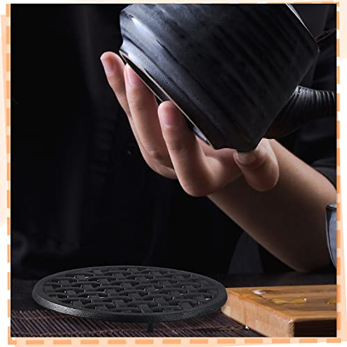 2 Pcs Cast Iron Vintage Round Trivet 8 Inch Diameter Heat Resistant Table Mat for Oven Steamer Kettle Hot Pot Dishes Plate Pan Accessories, Black