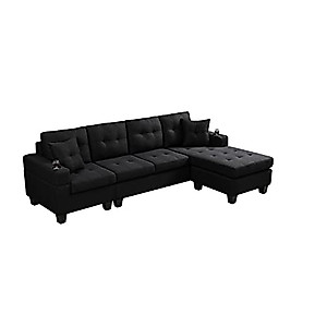 BIADNBZ Sectional Sofa Couch with Reversible Chaise Lounge and Cupholders, Modern L-Shaped Living Room Set w/2 Pillows for Apartment, Black