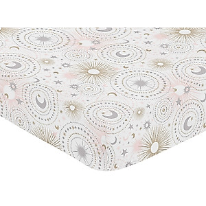 Sweet Jojo Designs Star and Moon Girl Jersey Stretch Knit Baby Fitted Crib Sheet for Soft Toddler Bed Nursery - Blush Pink, Gold, and Grey Celestial