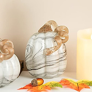 Glitzhome Set of 3 Hand Blown Glitter Glass Pumpkin Table Accent Home Decor for Fall & Harvest Thanksgiving Decorating, Gray Marble