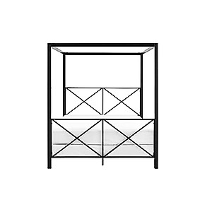 DHP Rosedale Metal Canopy Bed Frame with Four Poster Design and Geometric Accented Headboard and Footboard, Underbed Storage Space, Queen, Black