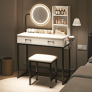 Dowinx Vanity Desk with LED Lighted Mirror & Power Outlet, White Vanity Desk with Adjustable 3 Lighting Modes, Small Vanity Desk for Bedroom, Makeup Vanity with Chair for Girl, White and Black