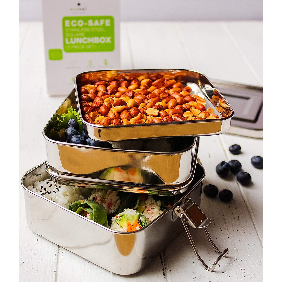 ecozoi Stainless Steel Lunch Box, 3-in-1 Eco Friendly Stackable Bento Box, Plastic Free Meal Prep Food Container, With Bonus Inner Tray, Square (1500 ml or 50 oz)