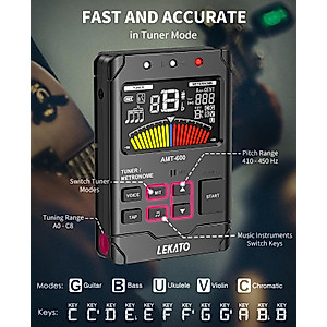 LEKATO Metronome Tuner, Rechargeable 3 In 1 Digital Metronome with TAP Tempo, Woman Vocal Counts, Tuner Tone Generator for Guitar Bass Violin Ukulele Chromatic for All Instruments