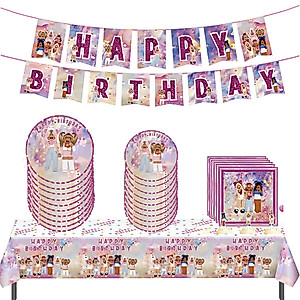 Pink Girl Robot Blocks Party Birthday Supplies, Robot Girls Game Party Tableware with Happy Birthday Banner, tablecloth, Disposable Paper Plates with Napkins for Kids Party Supplies Decorations