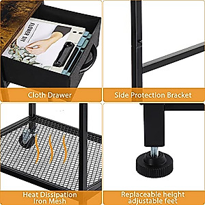 YBING Computer Tower Stand PC Tower Stand with Storage Drawer Mobile CPU Holder Stand with Caster Wheels 2 Tier Rolling Computer Tower Cart for Home Office Fax, Rustic Brown