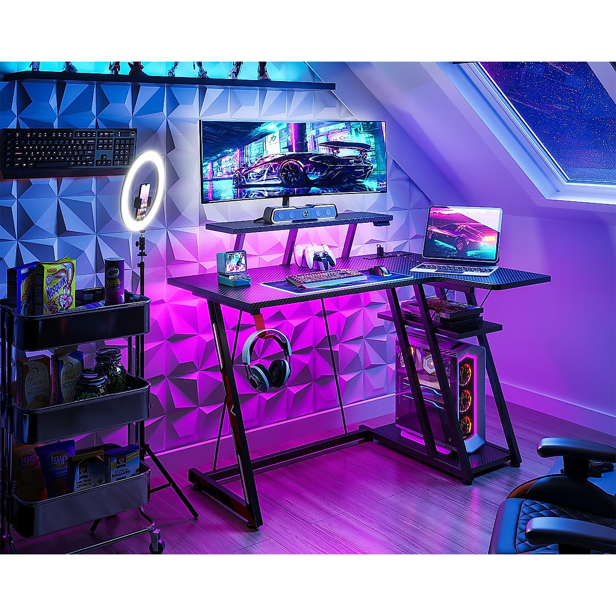 MOTPK Small Gaming Desk with LED Lights & Power Outlets, 39 Inch L Shaped Gaming Computer Desk with Storage Shelf, Gamer Desk with Monitor Stand, PC Gaming Table with Carbon Fiber Texture, Black