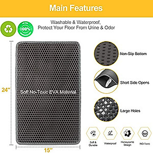 LeToo Cat Litter Mat Grey Trapping for Litter Box, No-Toxic & Large, Urine & Waterproof, Honeycomb Double Layer Anti Tracking Kitty Mats, No Phthalate, Washable Easy Clean (24" x 15", Grey)