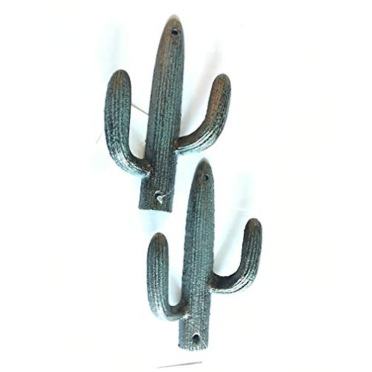 Set of 2 - Cactus Cast Iron Double Wall Hooks Wall Mounted for Home Office Use for Coats, Hats, Bags, Keys, Towels and Many More Rustic Green Color