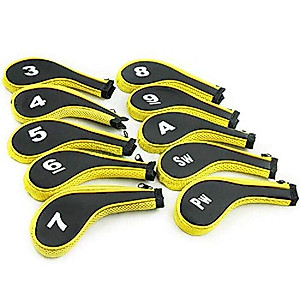 DBYAN 10pcs Number Print Long Sleeve Golf Club Iron Covers Head Covers Set with Zipper for Irons Taylormade Ping Callaway Mizuno Cobra,Black/Yellow