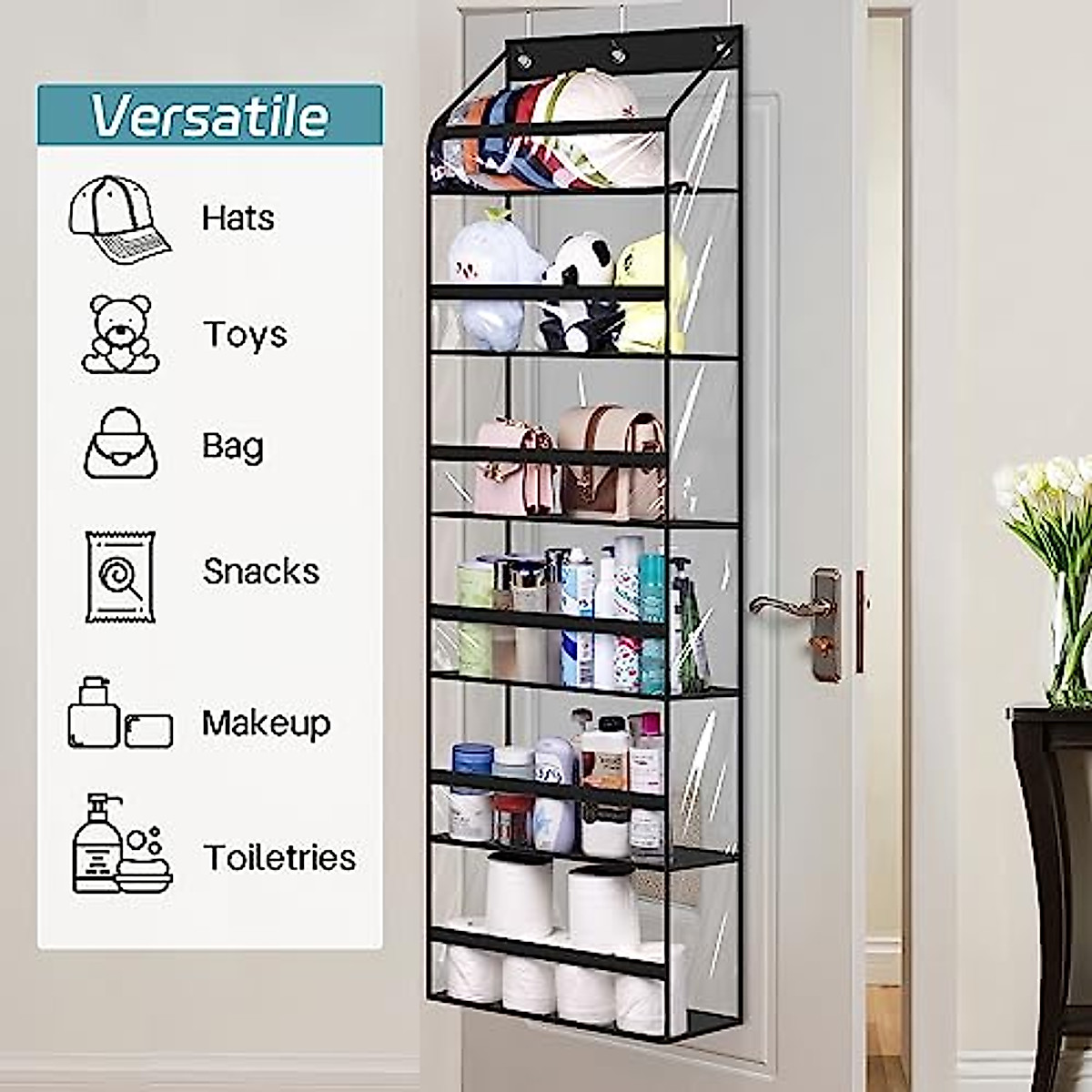 AOODA Clear Over the Door Hat Racks for Baseball Caps, Large Holds up to 72 Caps Hat Storage Organizer for Closet Wall, Deep Pockets Hanging Hat Holder with 3 Hooks, Black