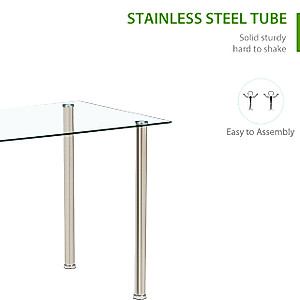 ROZHOME Dining Table Set for 4, 5 Piece Kitchen Table and Chairs with Clear Tempered Glass Table Top and 4 Leather Metal Frame Chairs (Clear/Silver+White, Middle)
