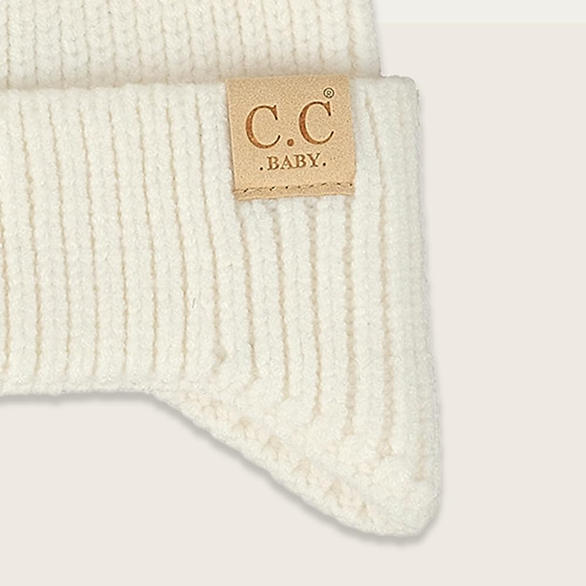 C.C Baby Double Fur Pom Pom Beanie with Ear Flap for Boys Girls Soft Warm Infant Toddler Knit Skully Hat with Faux Fur Ivory